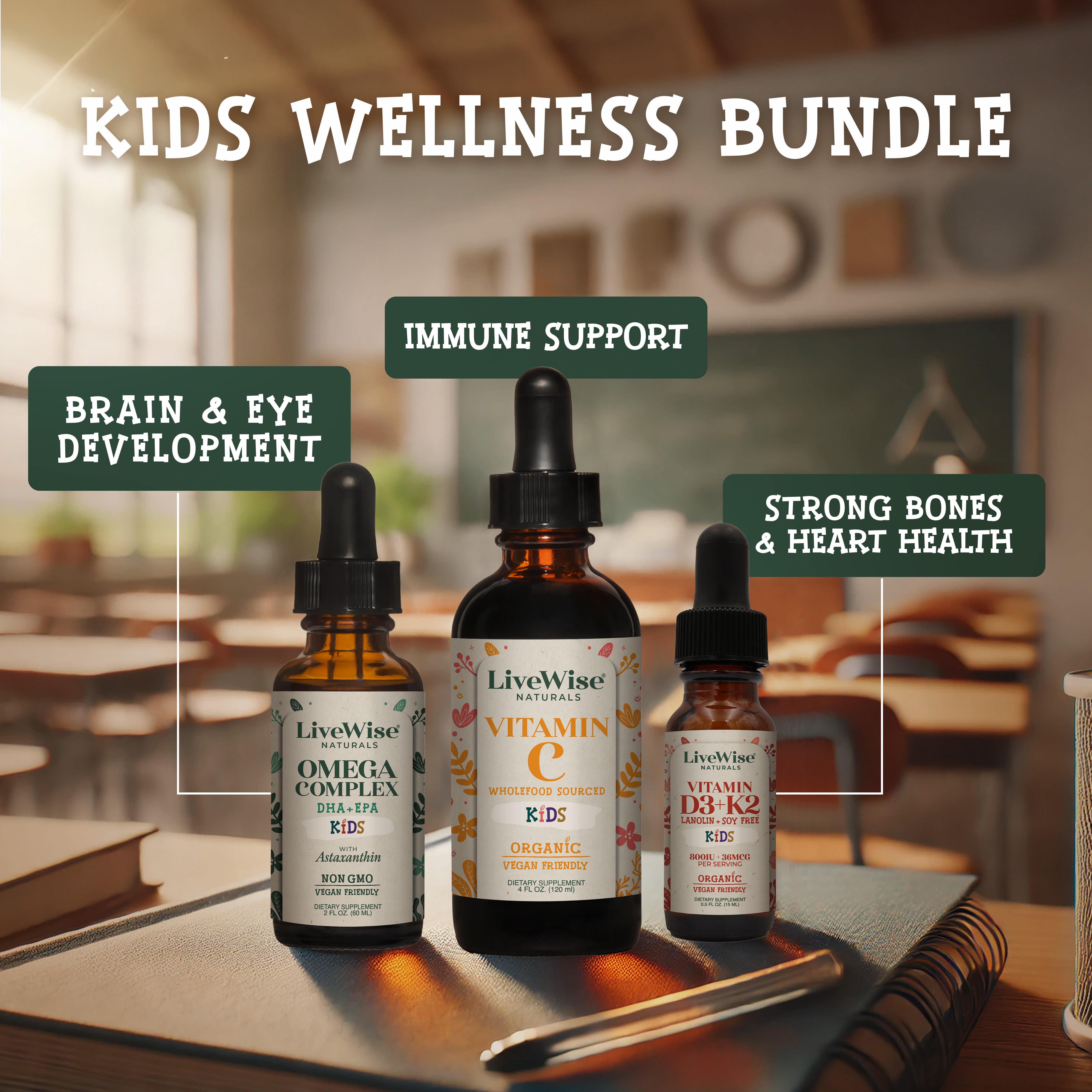 Kids Wellness Bundle - Omega, Vitamin C & D Drops for Children – Live ...